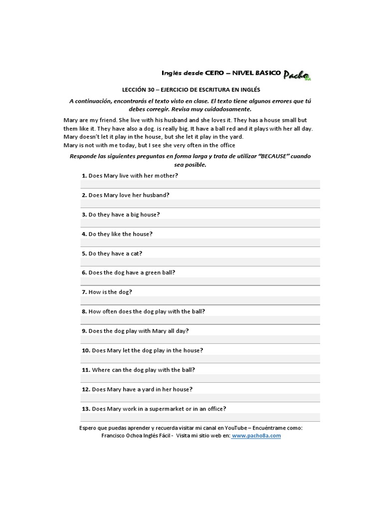 Lección 30 Ejercicio De Escritura En Ingles Pdf