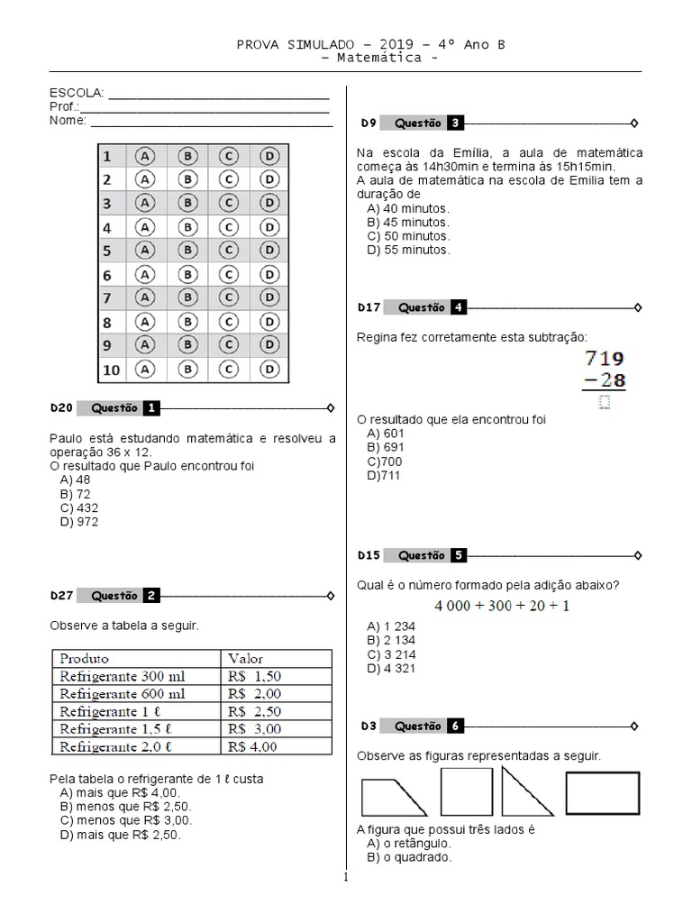 4º Ano B) - Prova Simulado | PDF | Ensino de Matemática | Science