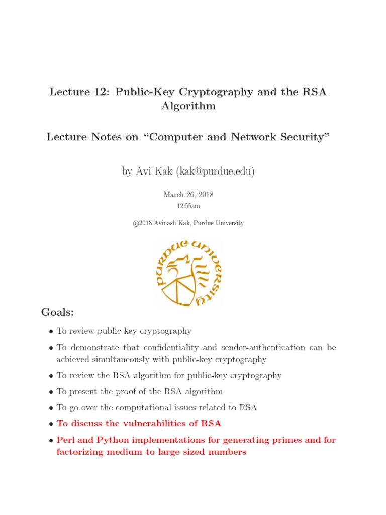 Lecture 12 Public Key Cryptography And The Rsa Algorithm Lecture Notes 