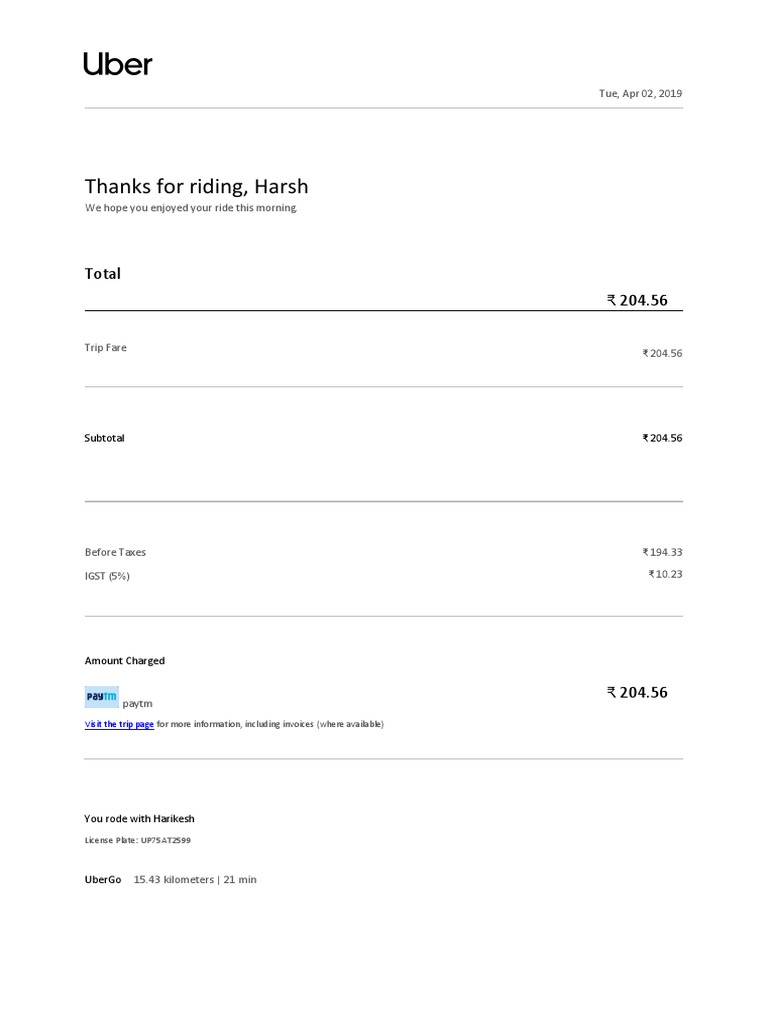 Receipt for a 15.43 kilometer UberGo ride in Gurugram, Haryana on April ...