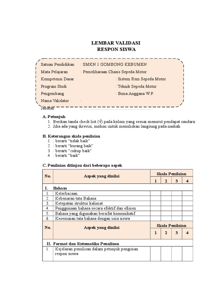 Contoh Lembar Validasi Respon Siswa | PDF