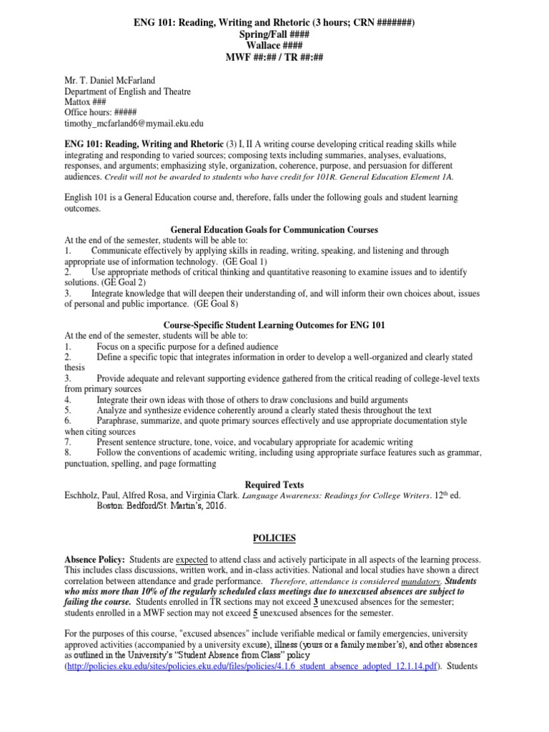 ENG 101: Reading, Writing and Rhetoric (3 Hours CRN #######) Spring ...
