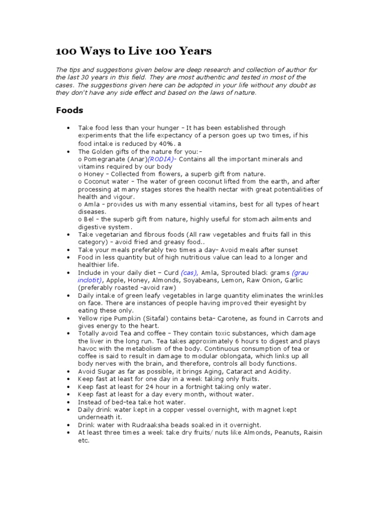 100 Ways To Live 100 Years | PDF | Foods | Breathing