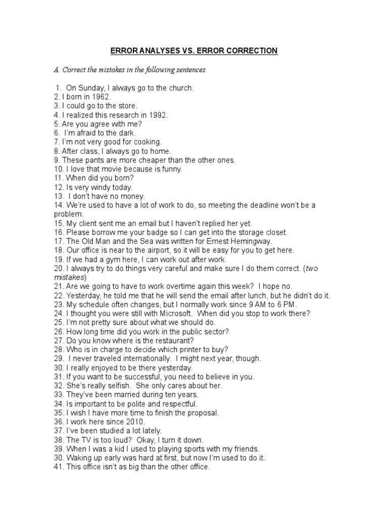 A. Correct The Mistakes in The Following Sentences.: Error Analyses vs ...