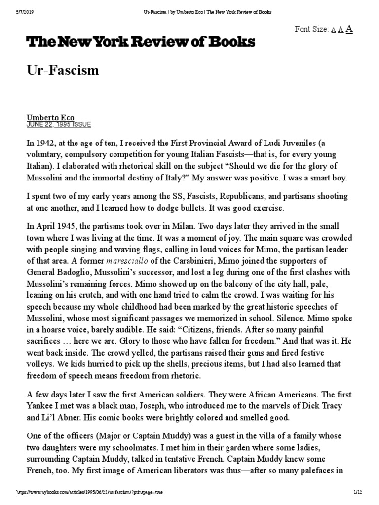 Ur Fascism: Umberto Eco | PDF | Benito Mussolini | Fascism
