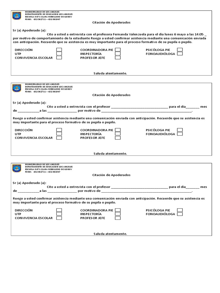 Citacion Apoderado 2019 | PDF