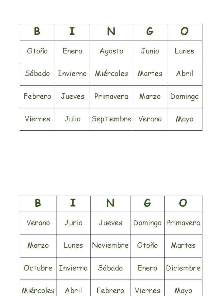 Bingo Con Días de La Semana, Meses y Estaciones Del Año | PDF | Verano ...