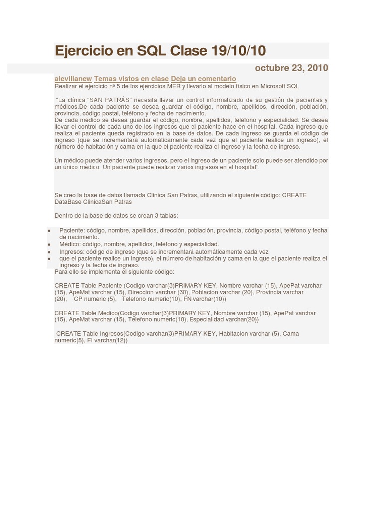 Ejercicio en SQL Clase | PDF | SQL | Tabla (base de datos)