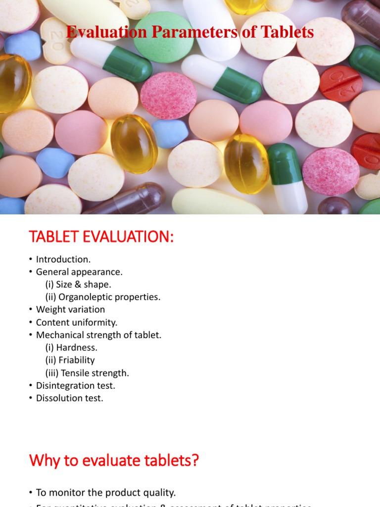 Evalutation Parameter of Tablets | PDF | Tablet (Pharmacy) | Solubility