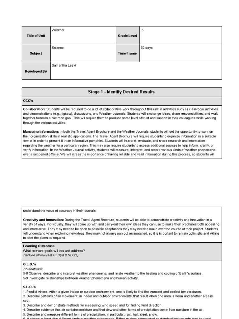 5th Grade Weather Unit Plan | PDF | Weather | Precipitation