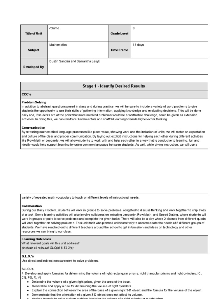 Math 8 - Volume Unit Plan | PDF | Educational Assessment | Area