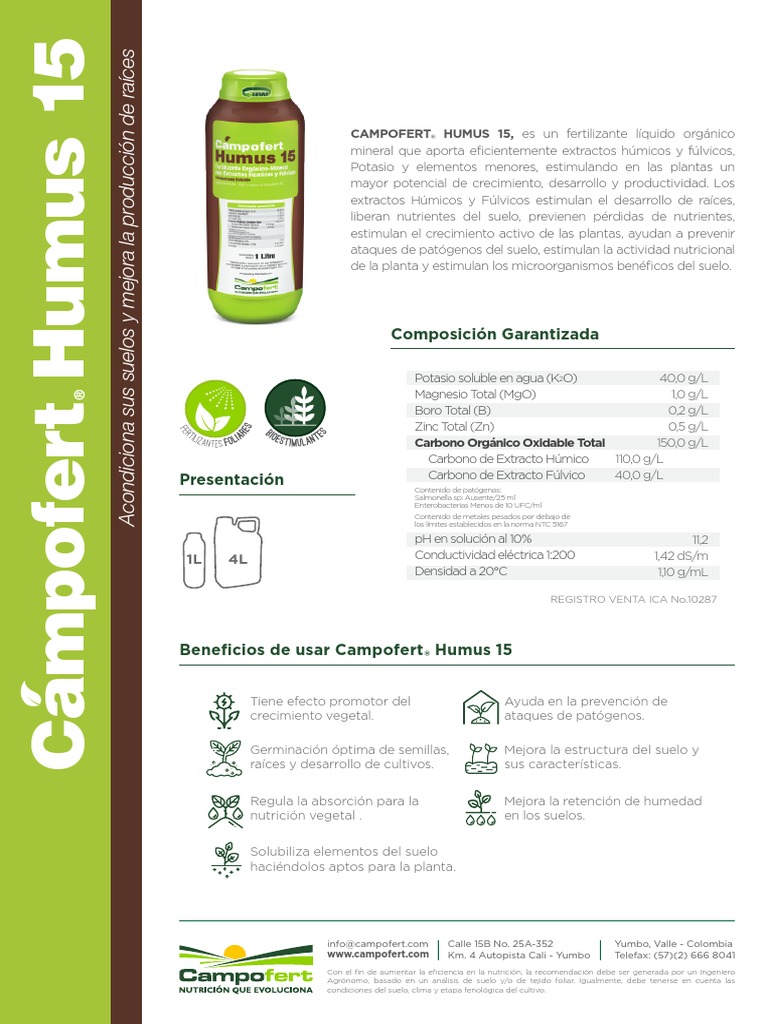 Composición Garantizada: CAMPOFERT® HUMUS 15, es un fertilizante ...