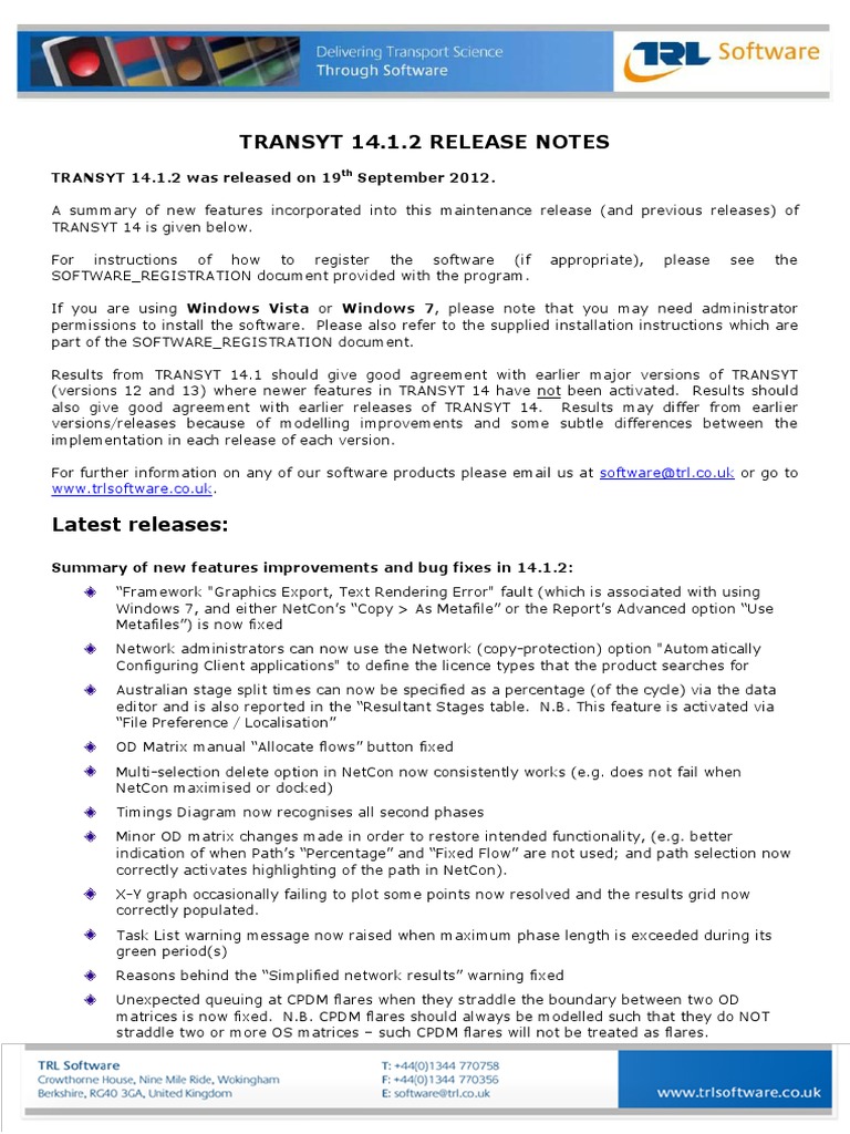 TRANSYT 14.1.2 Release Notes | PDF | Traffic | Microsoft Windows