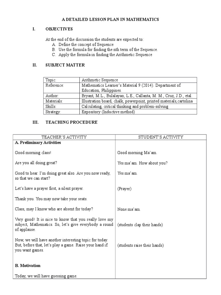 A Detailed Lesson Plan in Mathematics | PDF | Subtraction | Variable ...