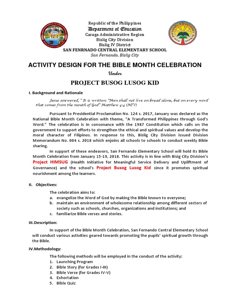 Activity Design For Bible Month Celebration | PDF