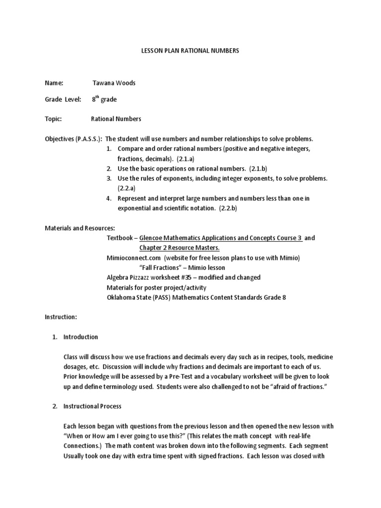 RATIONAL NUMBERS Lesson Plan PDF | PDF | Fraction (Mathematics ...