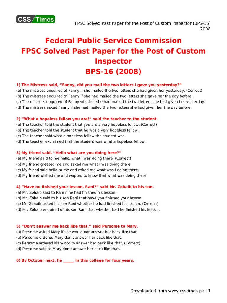 FPSC Solved Past Paper For The Post of Custom Inspector (BPS-16) 2008 ...