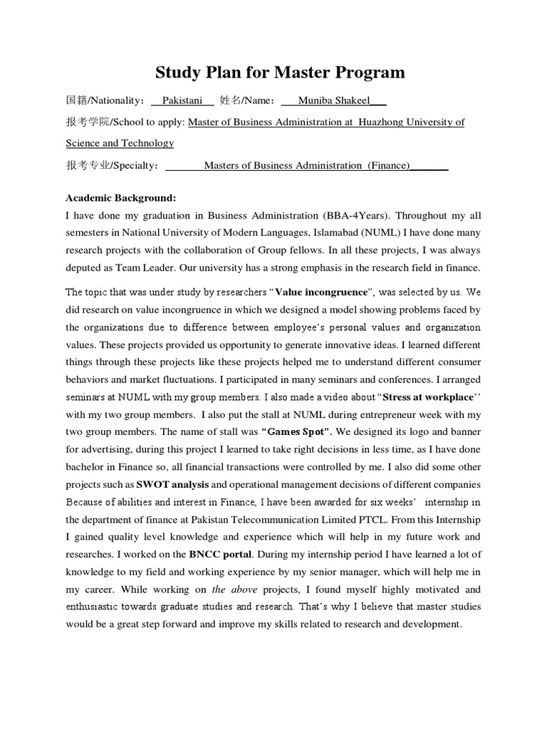 Pursuing a Master of Business Administration in Finance at Huazhong ...