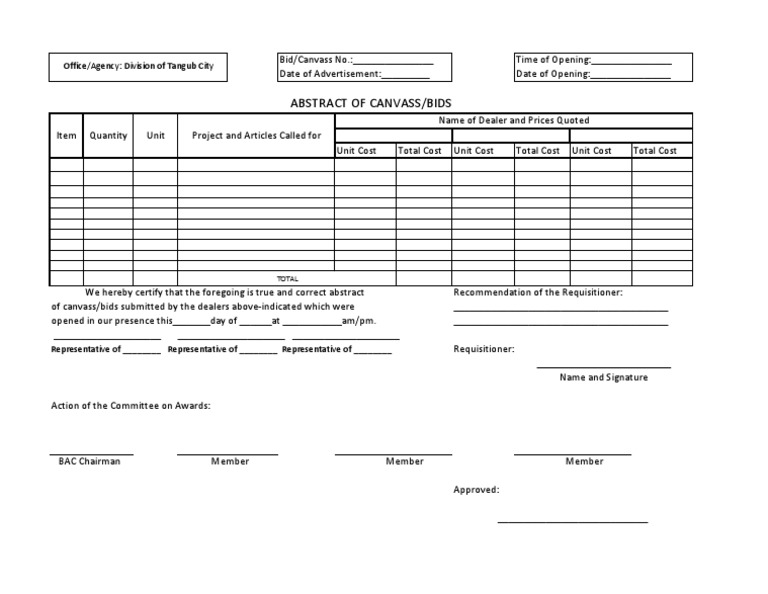 Abstract of Canvass/Bids: Office/Agency: Division of Tangub City | PDF