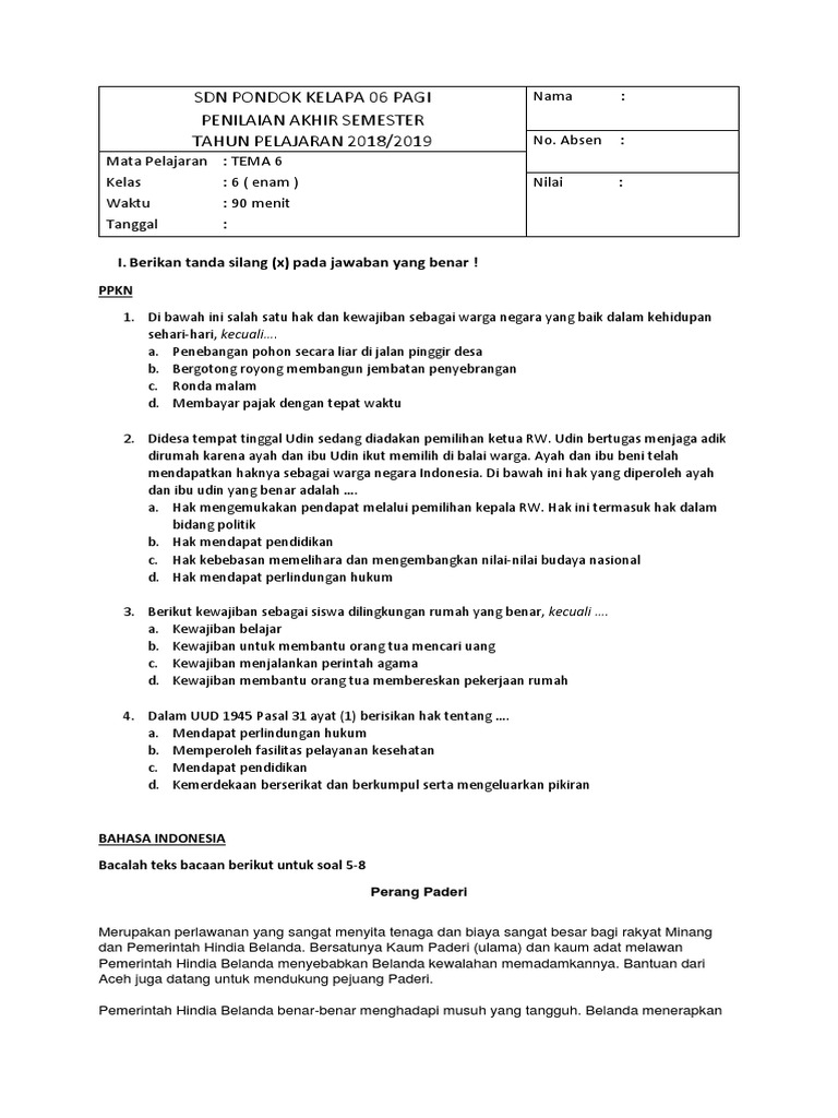 Soal Pas Kelas 6 Tema 6 CD | PDF | Kajian Bahasa Asing