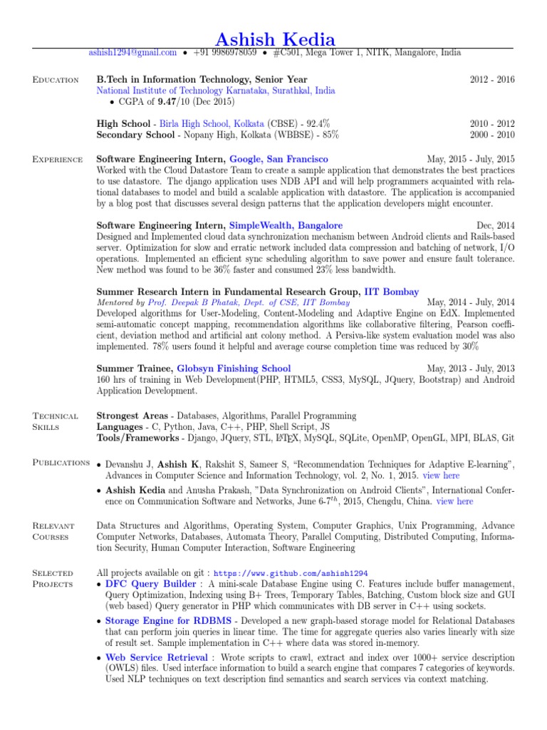 Ashish Kedia's Resume - Software Engineer with 9.47 CGPA | PDF | Web Application | Databases