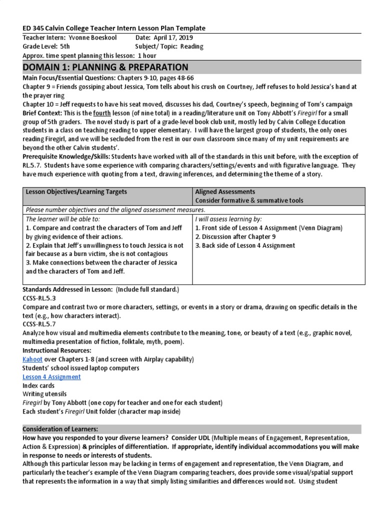 Domain 1: Planning & Preparation: ED 345 Calvin College Teacher Intern ...