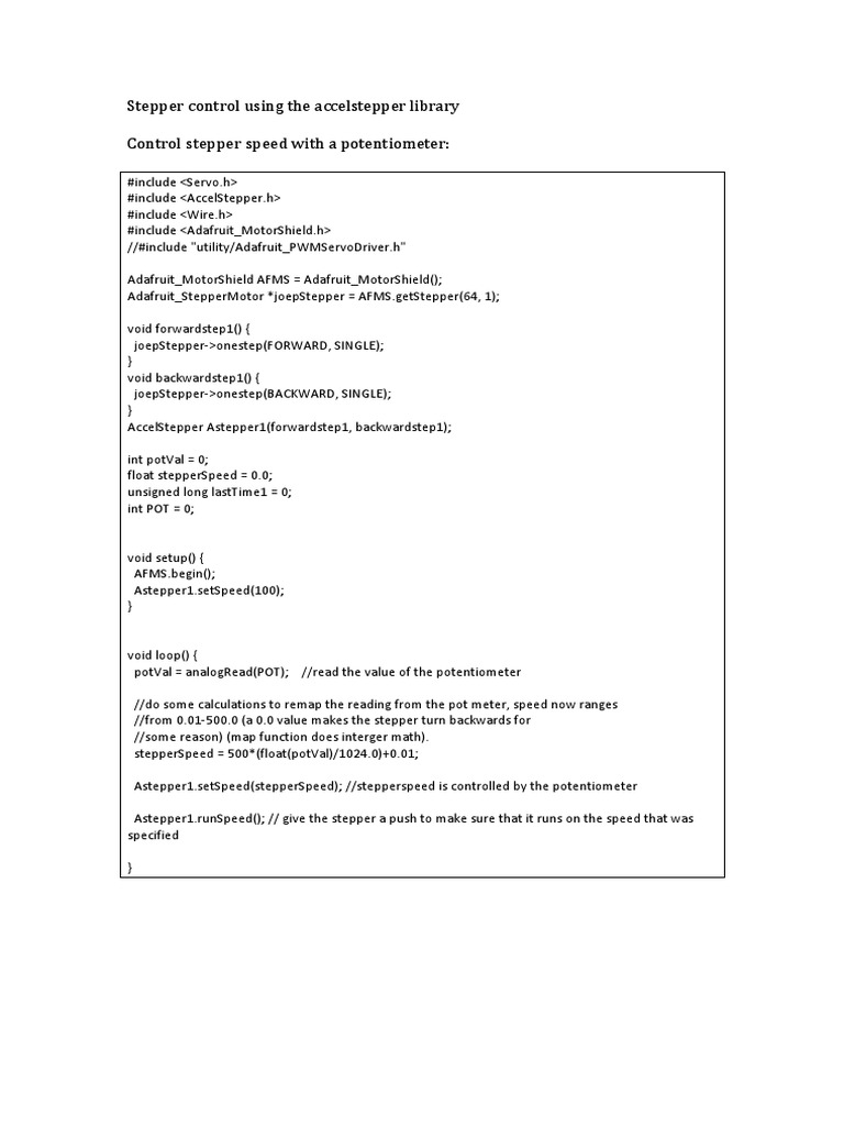 Stepper Control Using The Accelstepper Library Control Stepper Speed With A Potentiometer