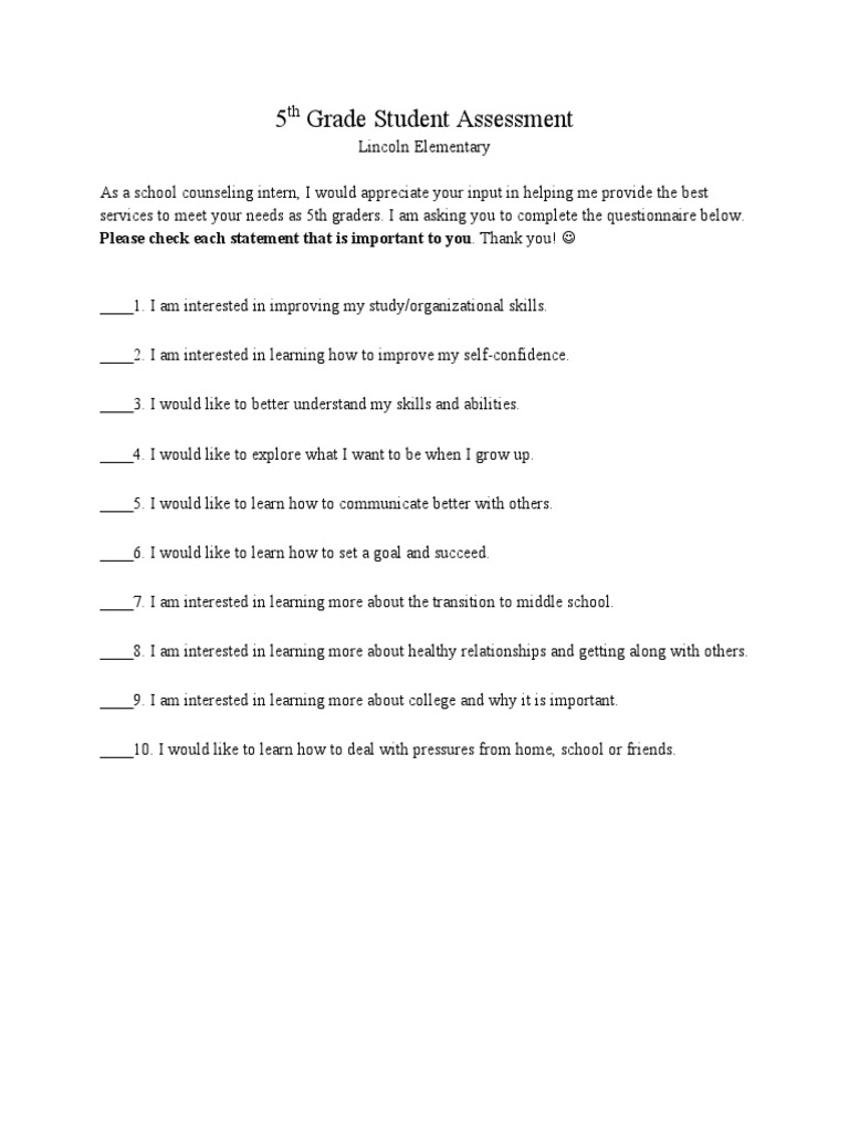 5th Grade Student Assessment | PDF