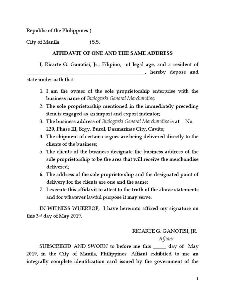 Affidavit of One and the Same Address | PDF