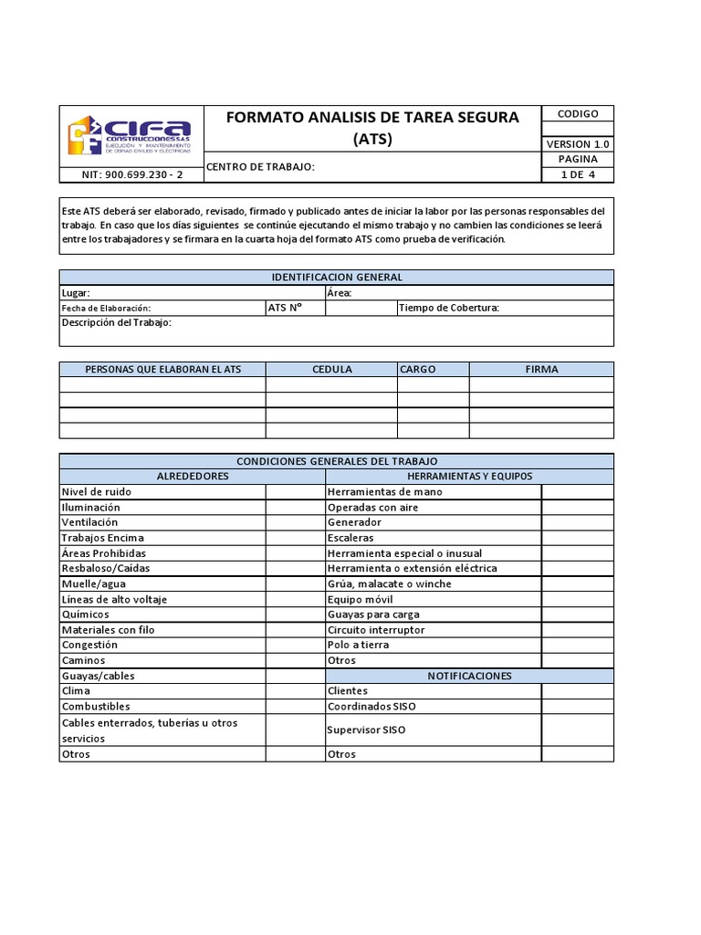 Formato Analisis De Tarea Segura (ATS): Fecha de Elaboración ...