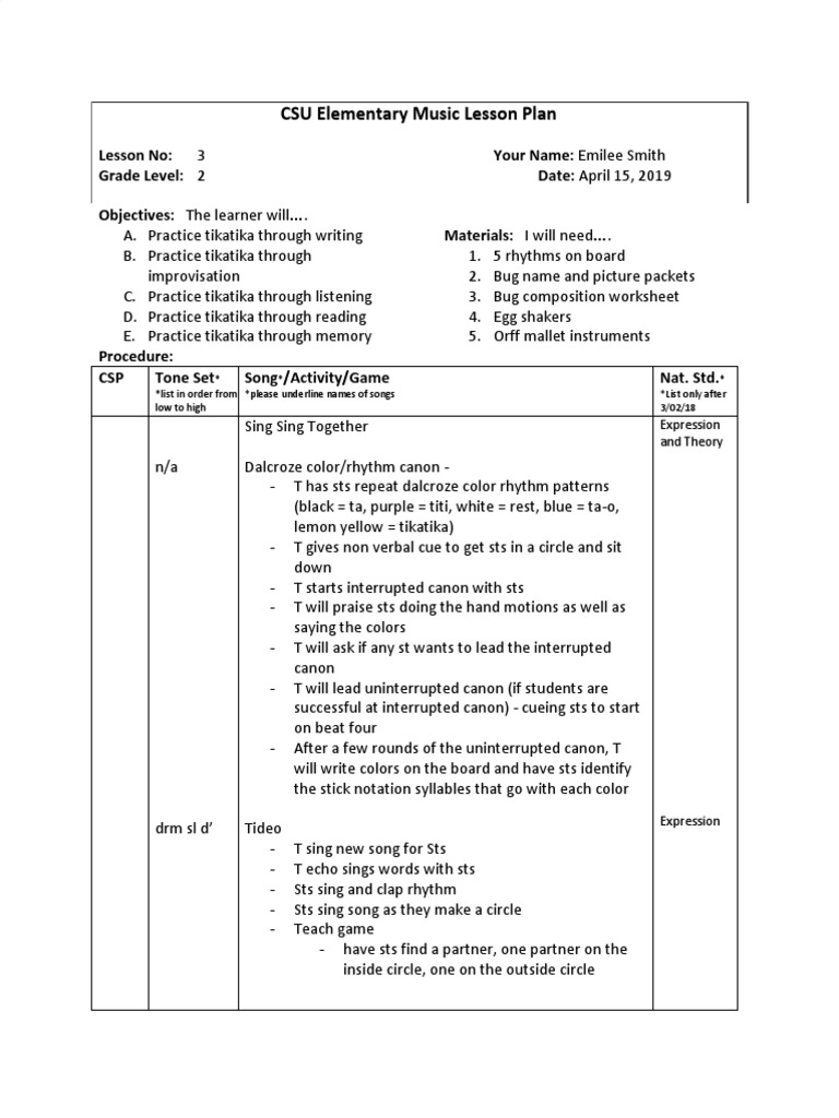 2nd Grade Lesson Plan 3 | PDF | Rhythm | Performing Arts
