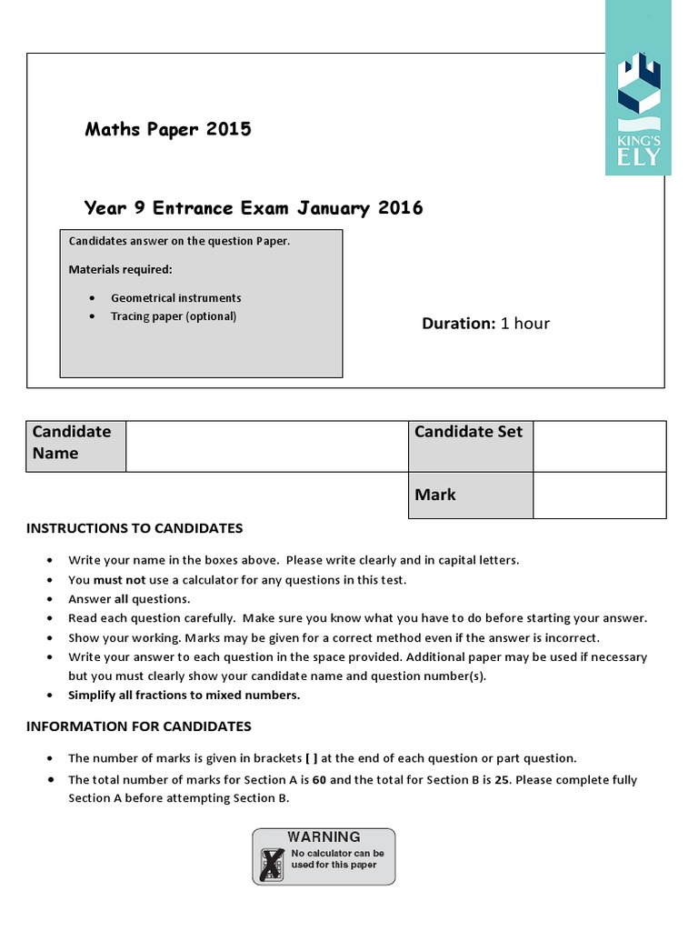 YR9 Maths Entrance Assessment Practice Paper A NEW | PDF