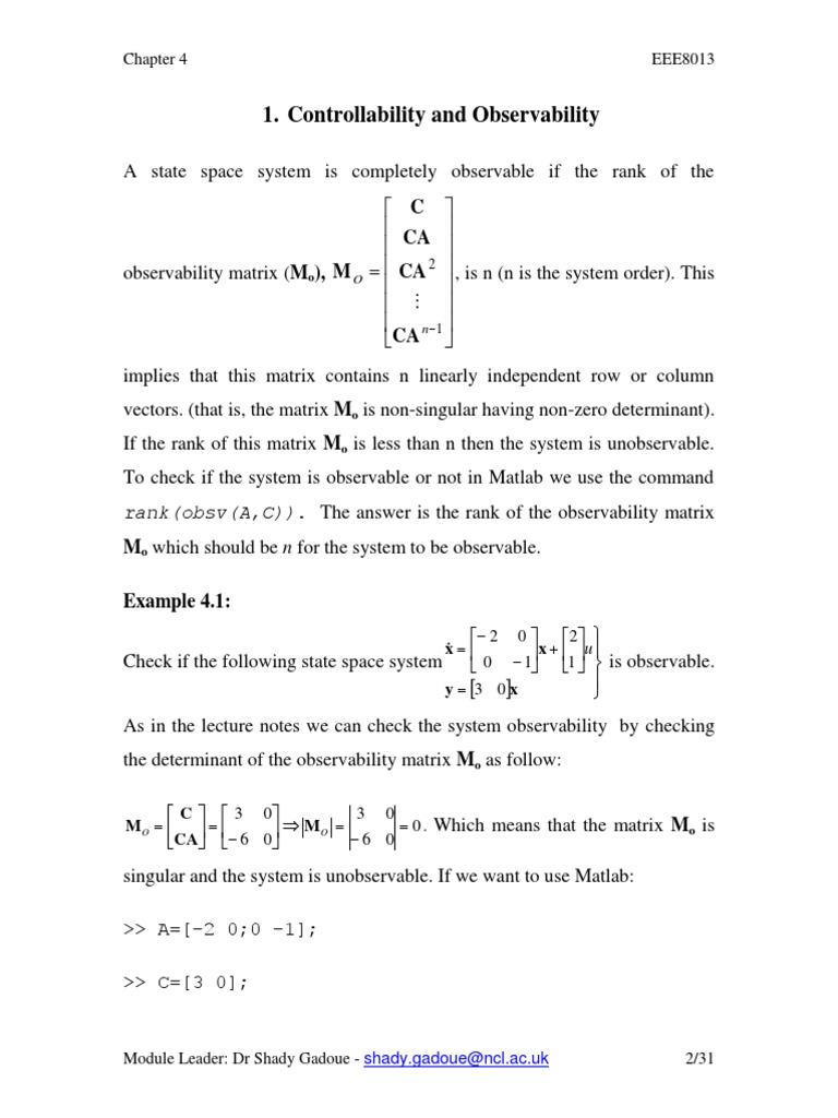 Lab1 Obs CTRL Espacios | PDF | Control Theory | Matrix (Mathematics)