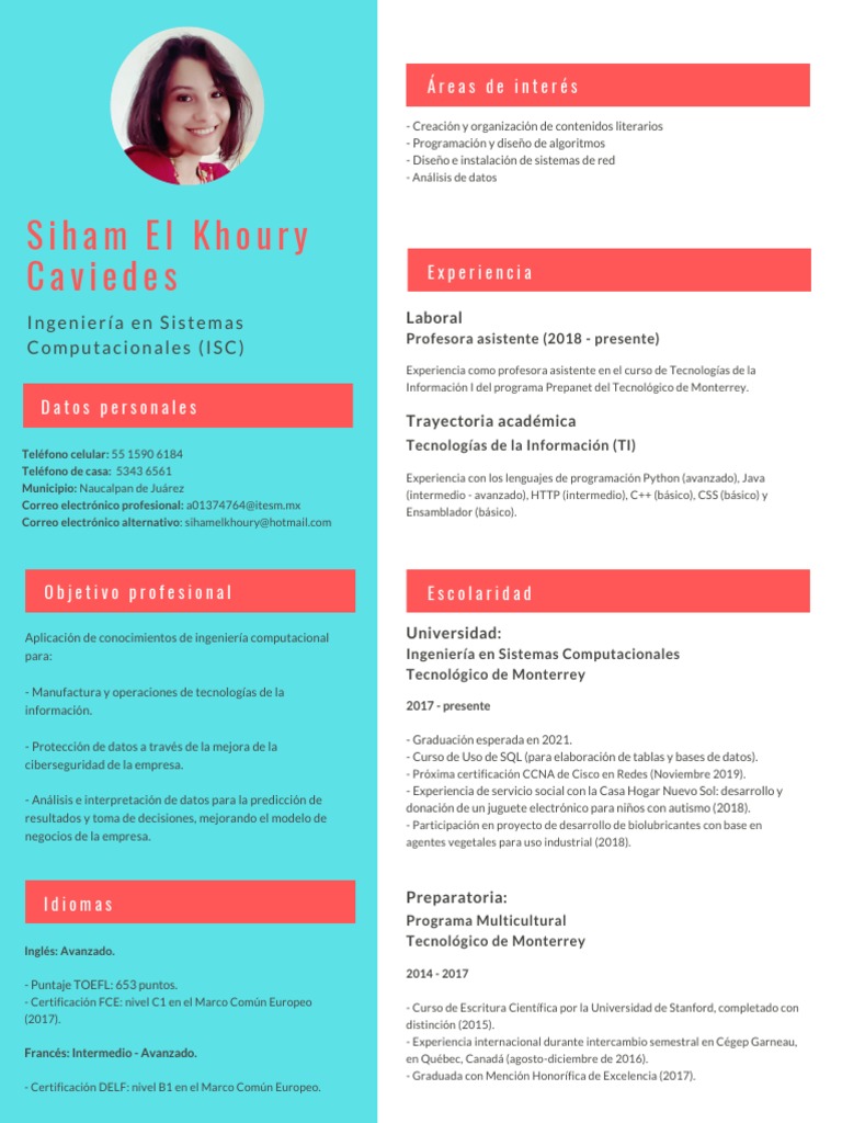 CV - Siham El Khoury Caviedes Tec Cem | PDF | Programación de computadoras | Ingeniería