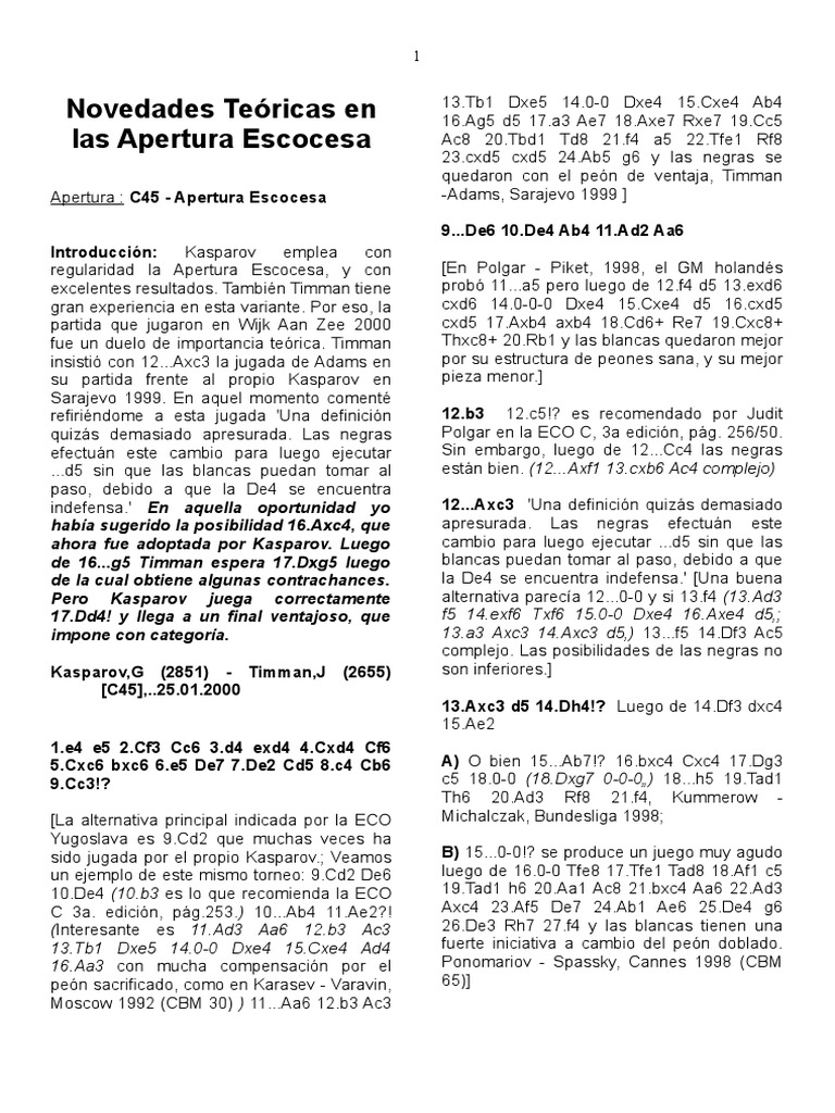 Análisis de la variante Timman de la Apertura Escocesa | PDF ...