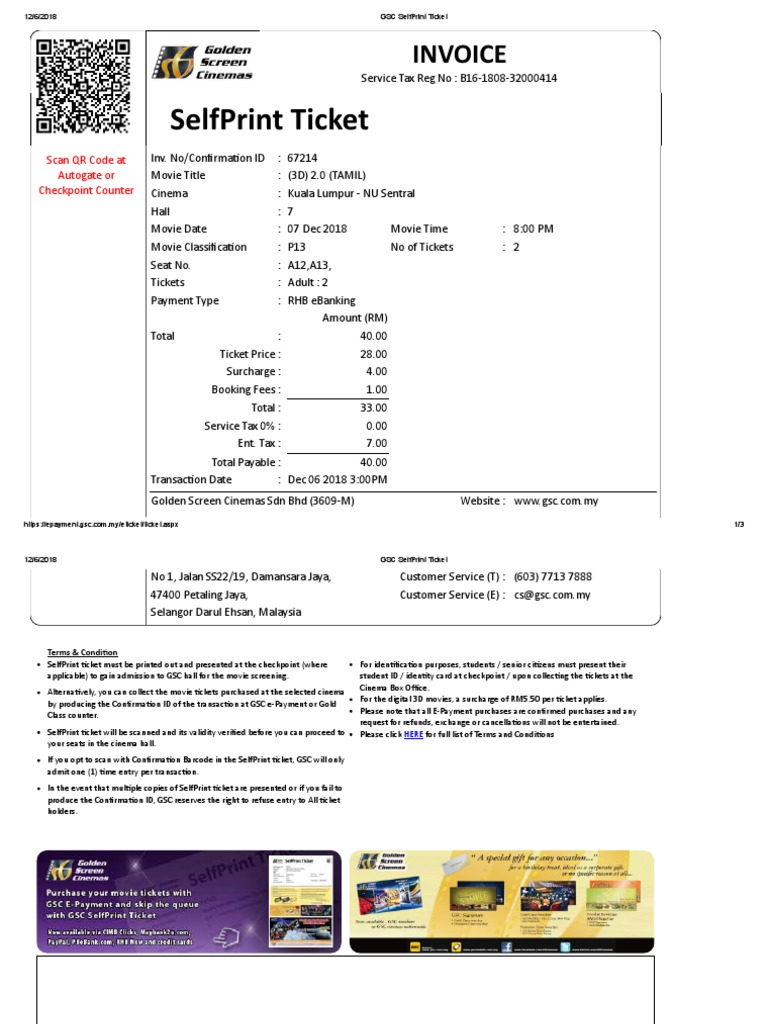 Selfprint Ticket: Invoice | PDF | Movie Theater | Payments