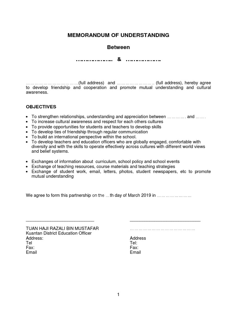 Memorandum of Understanding Between .. & .: Objectives | PDF