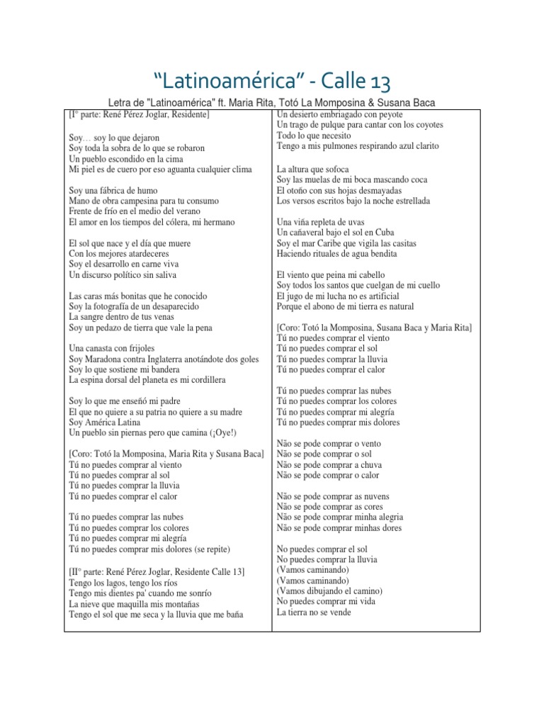 Letra y Contexto - Latinoamérica - Calle 13 | PDF | Entretenimiento ...