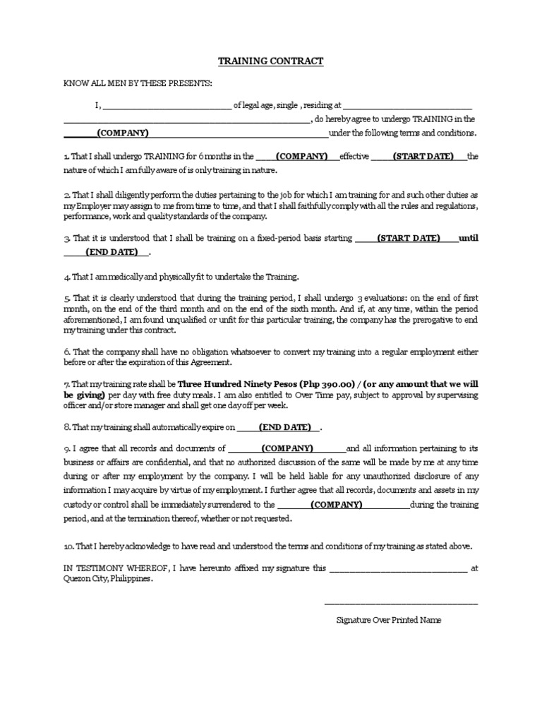Training Agreement Between Employer And Employee Template