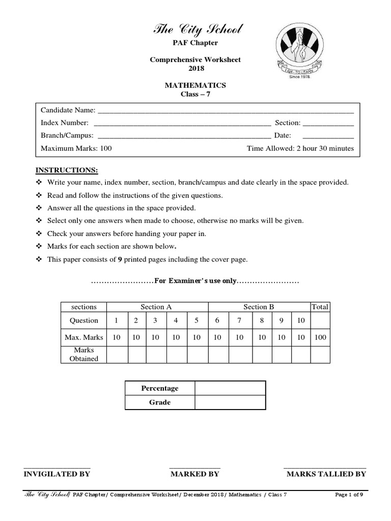The City School: PAF Chapter Comprehensive Worksheet 2018 Mathematics ...