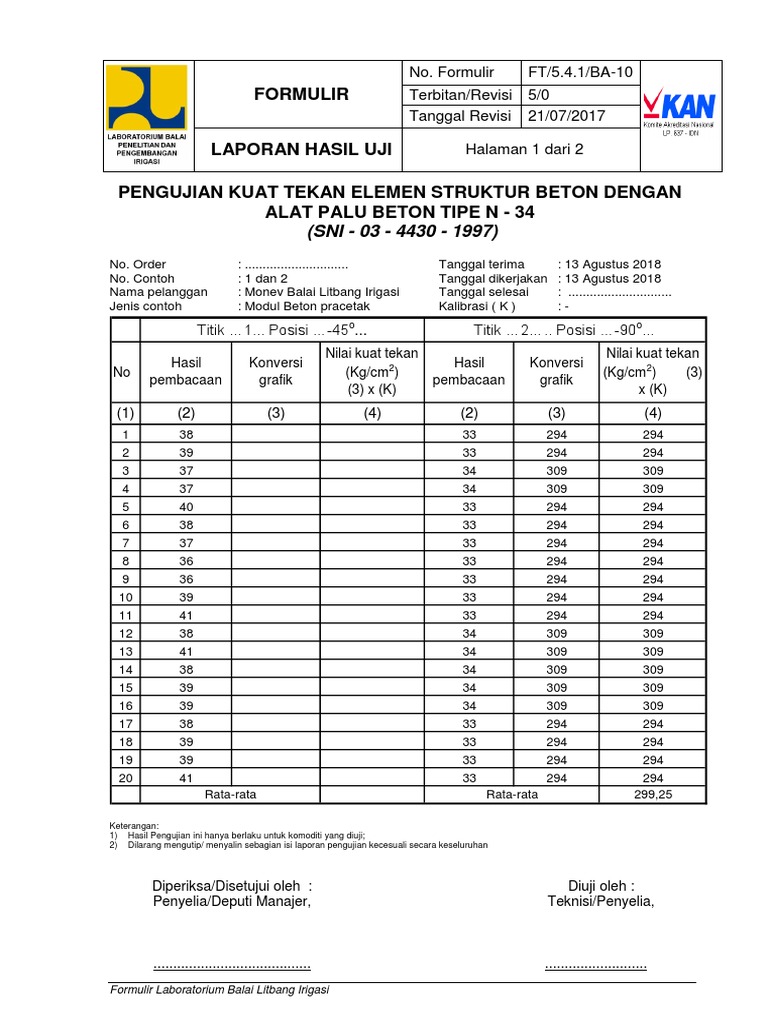 FT.5.4.1.BA - 10 (Formulir Pengujian Kuat Tekan Beton Dengan Hammer Tip ...