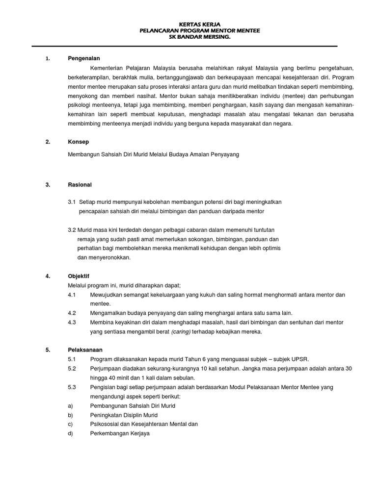 Kertas Kerja Program Mentor Mentee 2019 | PDF