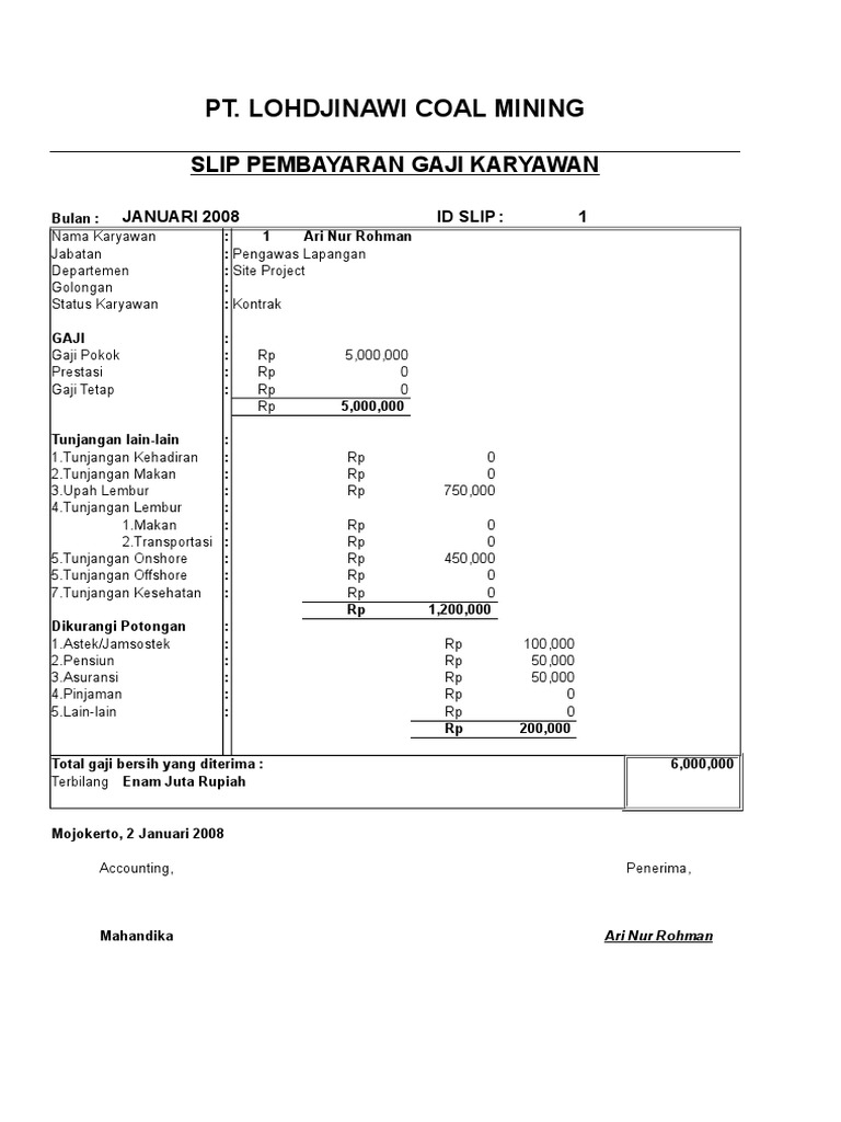 Contoh Slip Gaji Karyawan | PDF