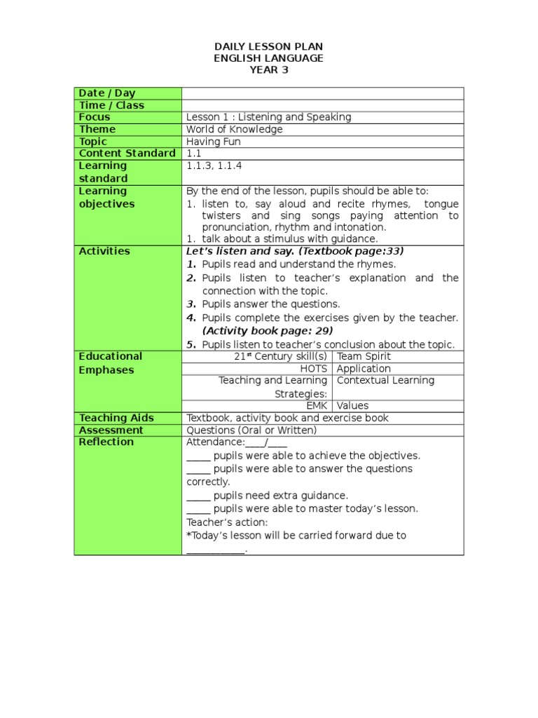 Daily Lesson Plan English Language Year 3 Date / Day Time / Class Focus ...