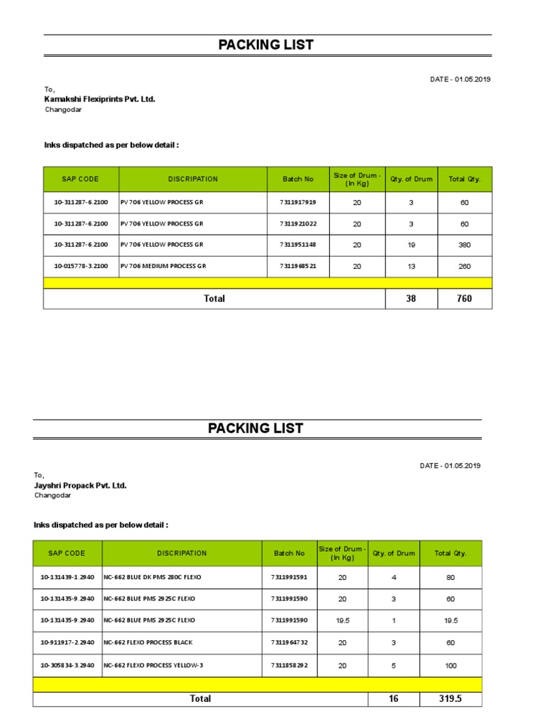 Packing List: Kamakshi Flexiprints Pvt. LTD | PDF