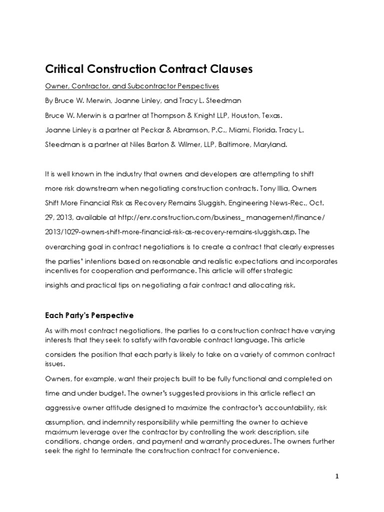 Key Clauses in Construction Contracts | PDF | Indemnity | Law Of ...
