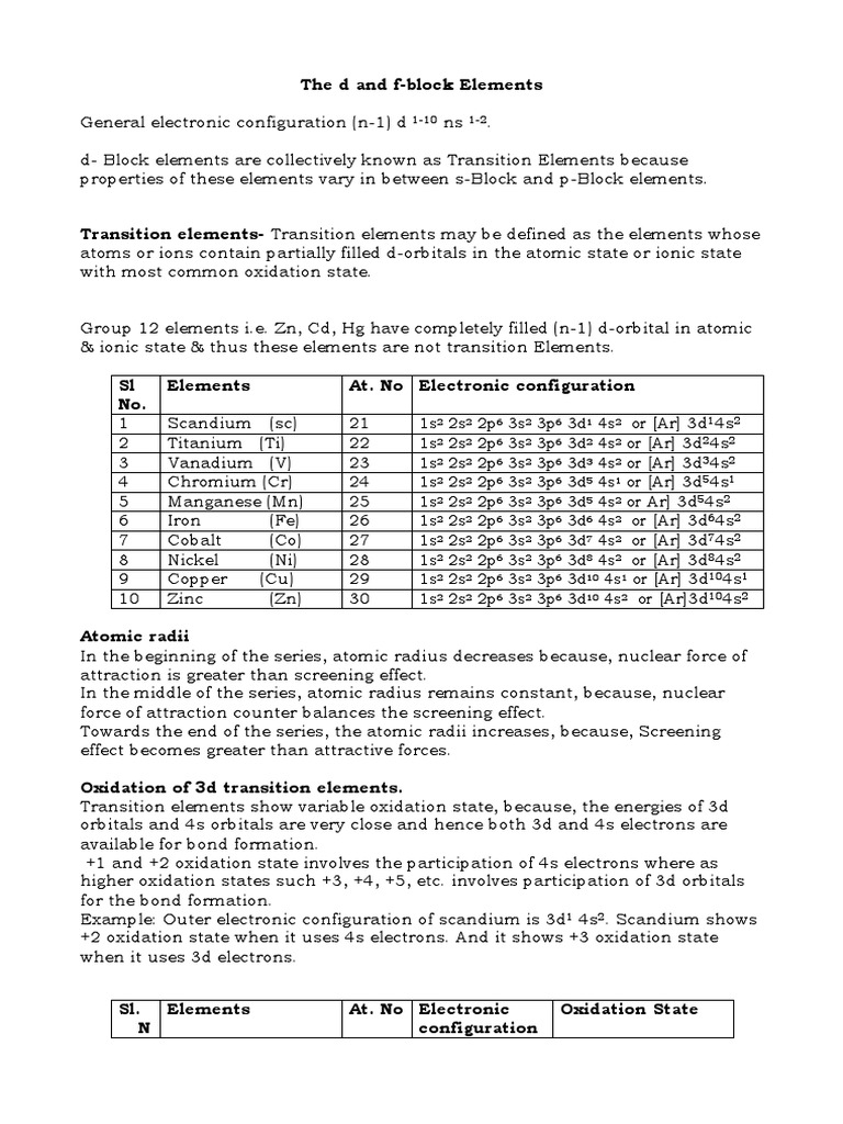 D Block Elements Notes | PDF | Lanthanide | Transition Metals