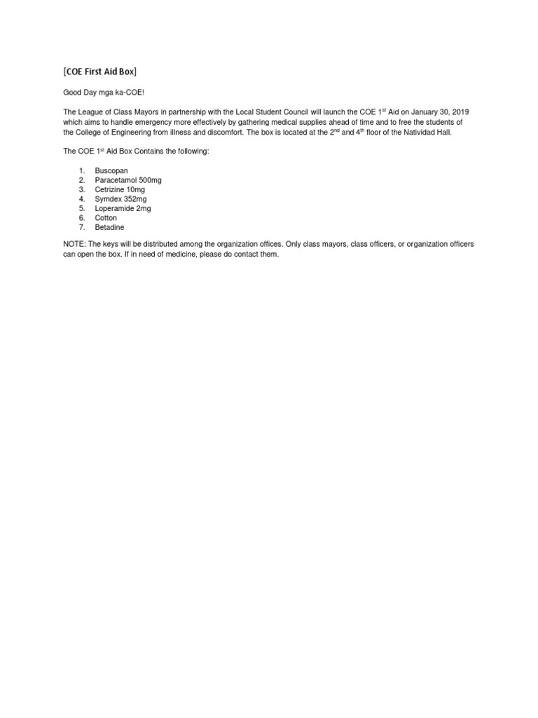 Announcement For Launching The Coe First Aid Box | PDF