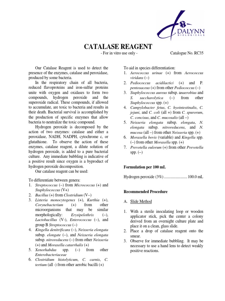 Catalase Reagent: Formulation Per 100 ML | PDF | Catalase | Staphylococcus