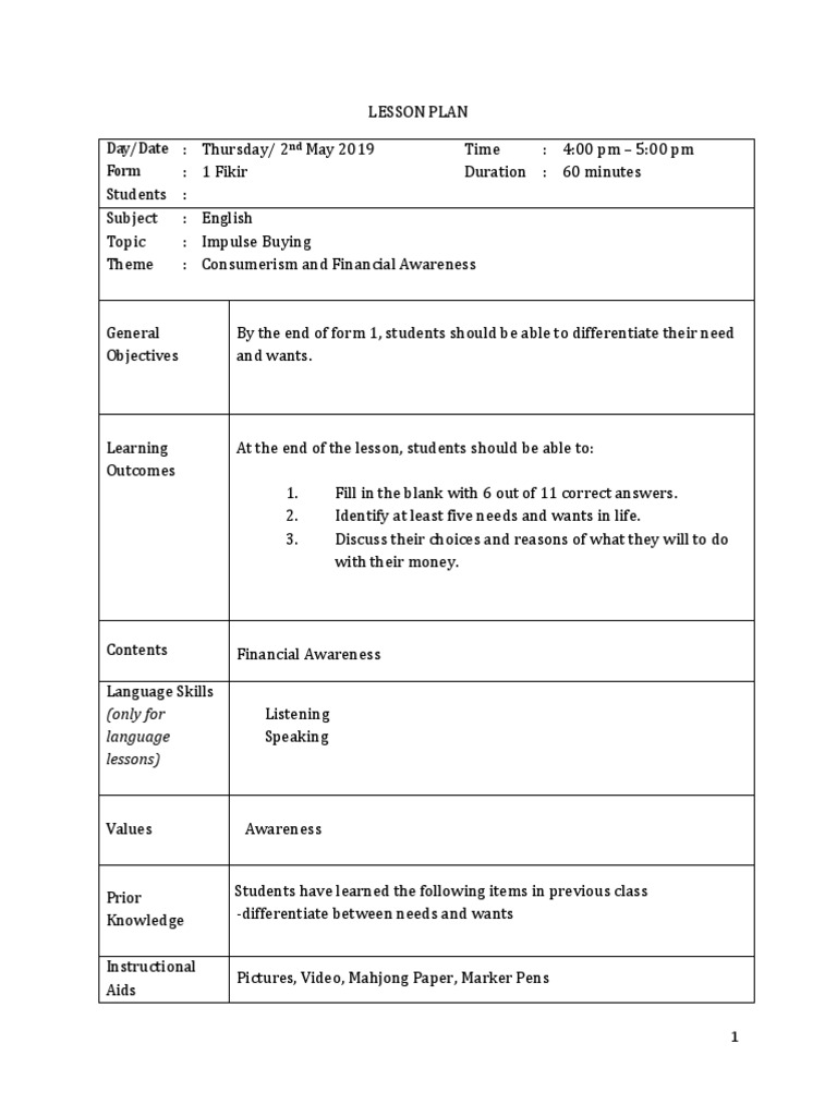 Lesson Plan For Impulse Buying | PDF | Lesson Plan | Teachers